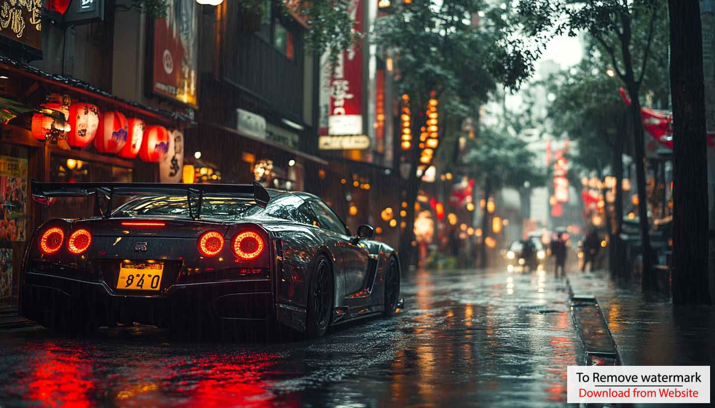 Nissan GTR rainy Tokyo night wallpaper 4K desktop background - Free Img